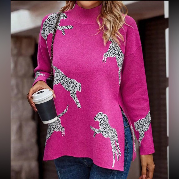 Sweaters | Comfy Leopard Print Long Sleeve Slit Cowl High Neck Hot Pink ...